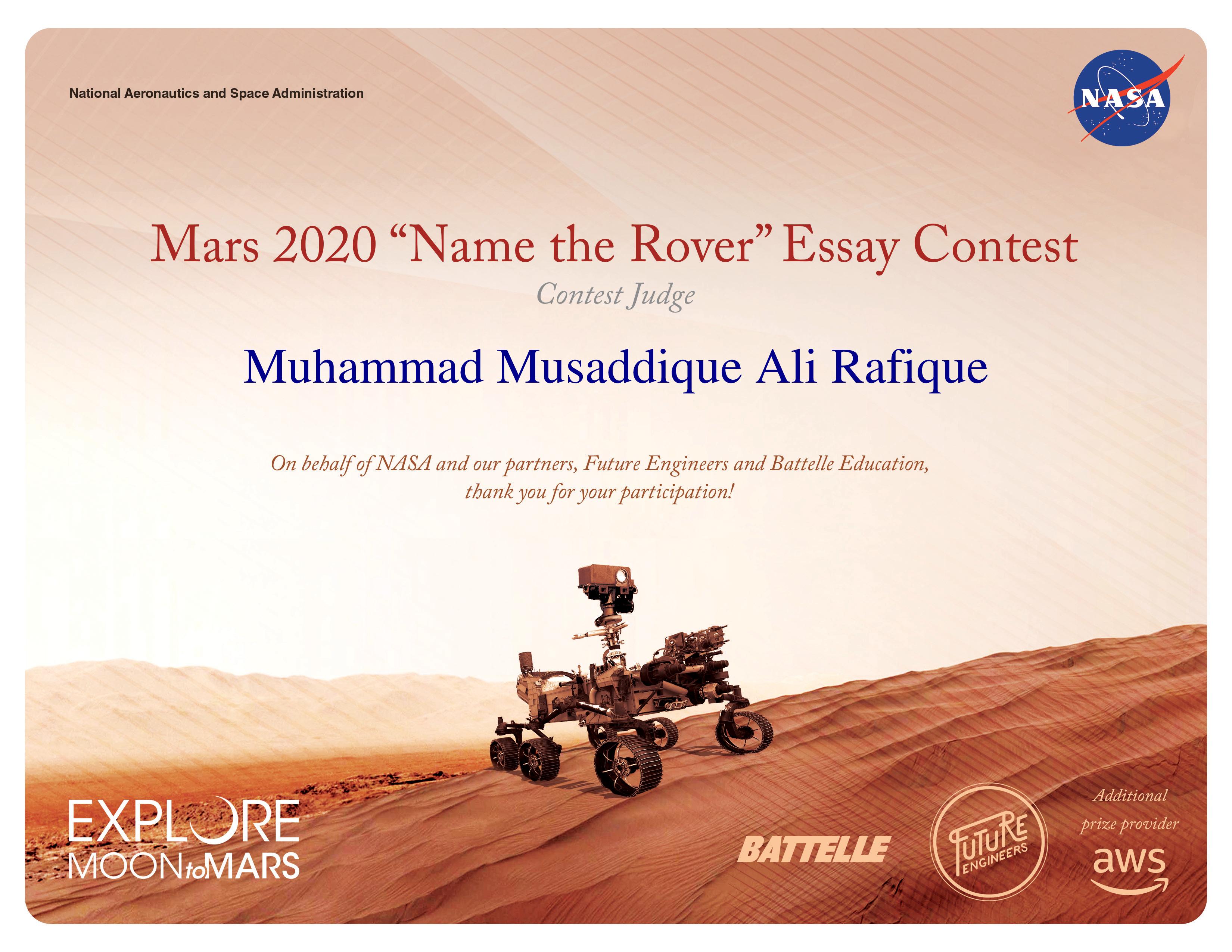 NASA Mars 2020 “Name the Rover” Essay Contest Judge – Muhammad ...